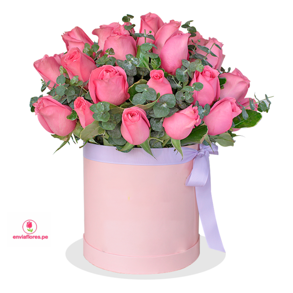 box, rosas rosadas con eucalipto chino - Floreria en lima envia flores